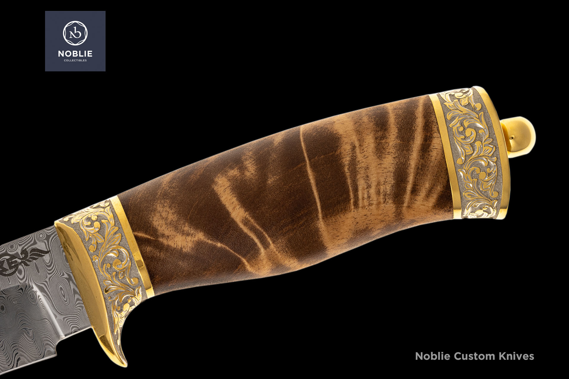 Custom Damascus Hunter Knife -Gilded Engraving & Burl Handle